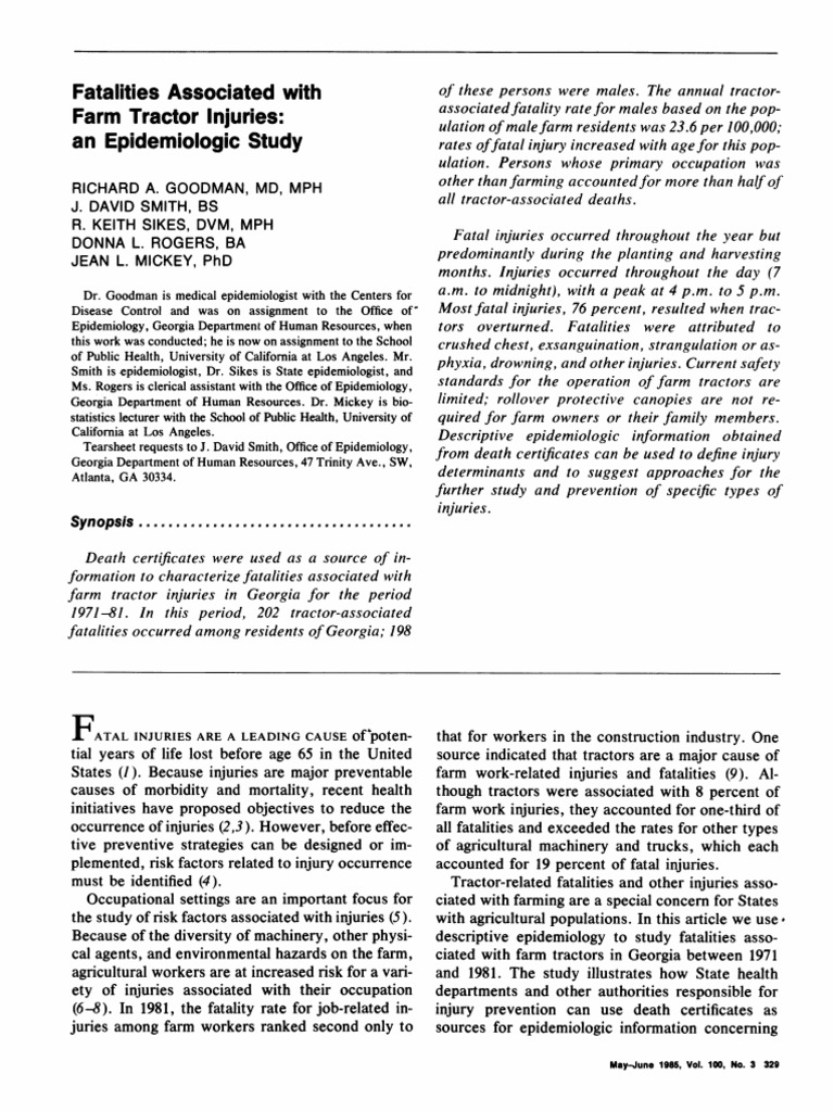 Epidemiologic: Fatalities Associated With Farm Tractor Injuries: Study ...