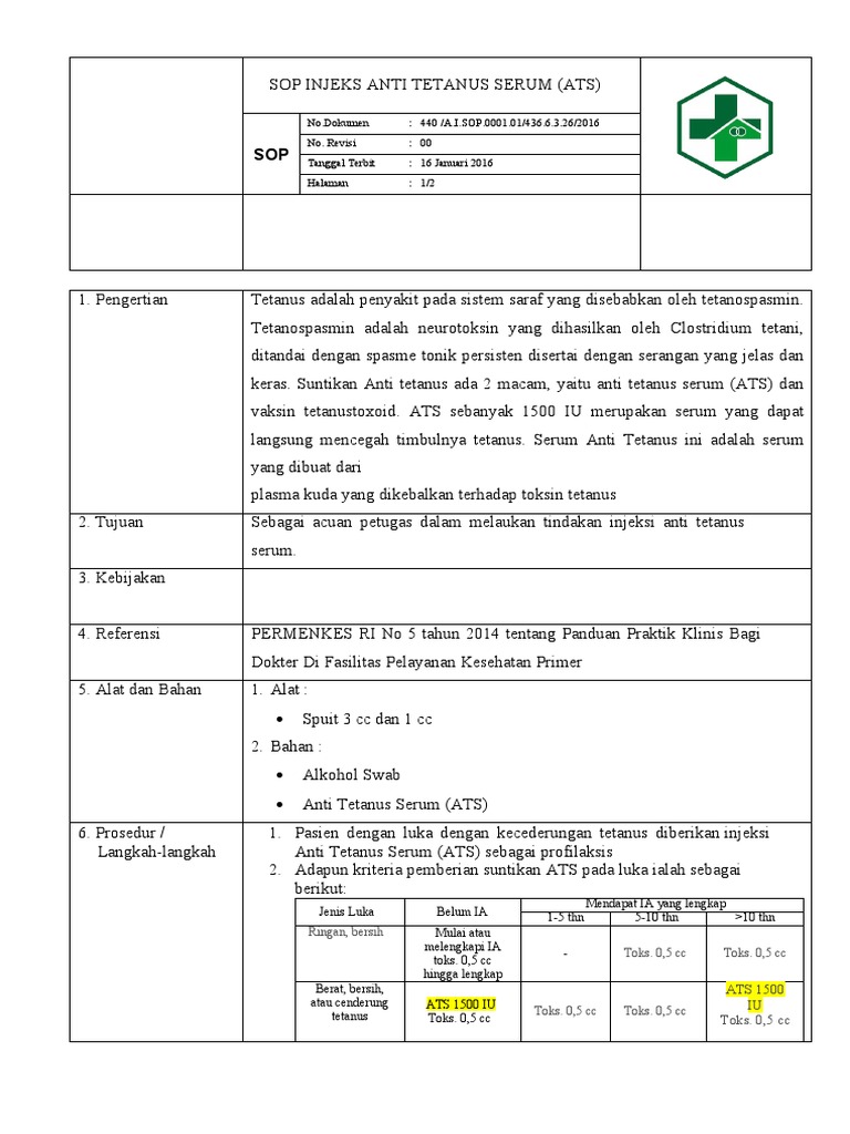 SOP Injeksi Anti Tetanus Serum (ATS | PDF