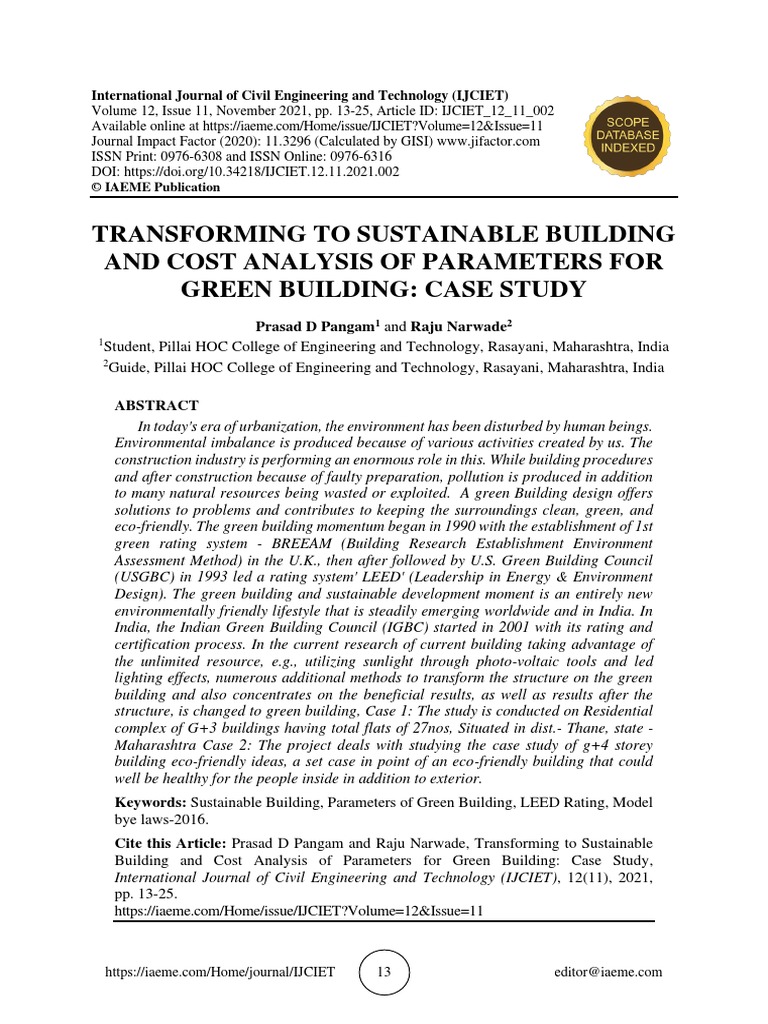 Transforming To Sustainable Building and Cost Analysis of Parameters ...