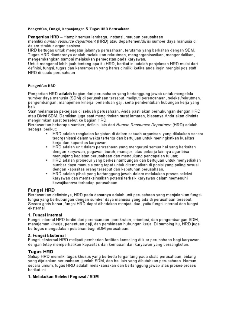 Pengertian dan Tugas HRD Perusahaan | PDF