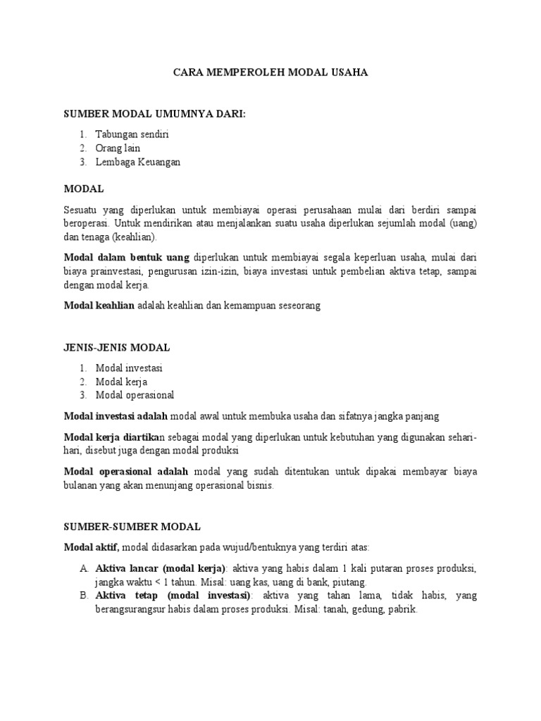Cara Memperoleh Modal Usaha | PDF