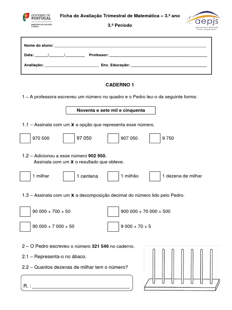 Teste de Matemática 3º Ano | PDF | Divisão (Matemática) | Matemática