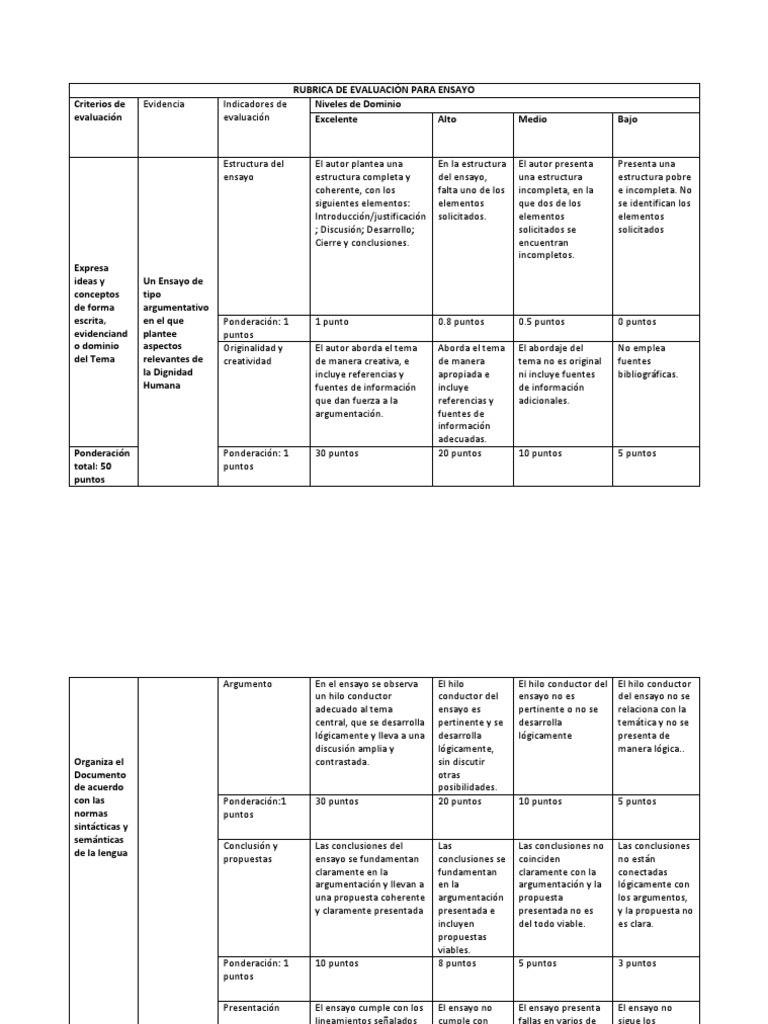 Rubrica de Evaluación para Ensayo | PDF | Ensayos | Cognición
