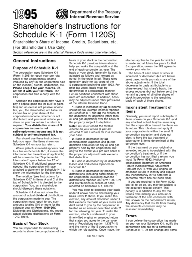 Shareholder's Instructions For Schedule K-1 (Form 1120S) : Internal Revenue Service | PDF | S ...
