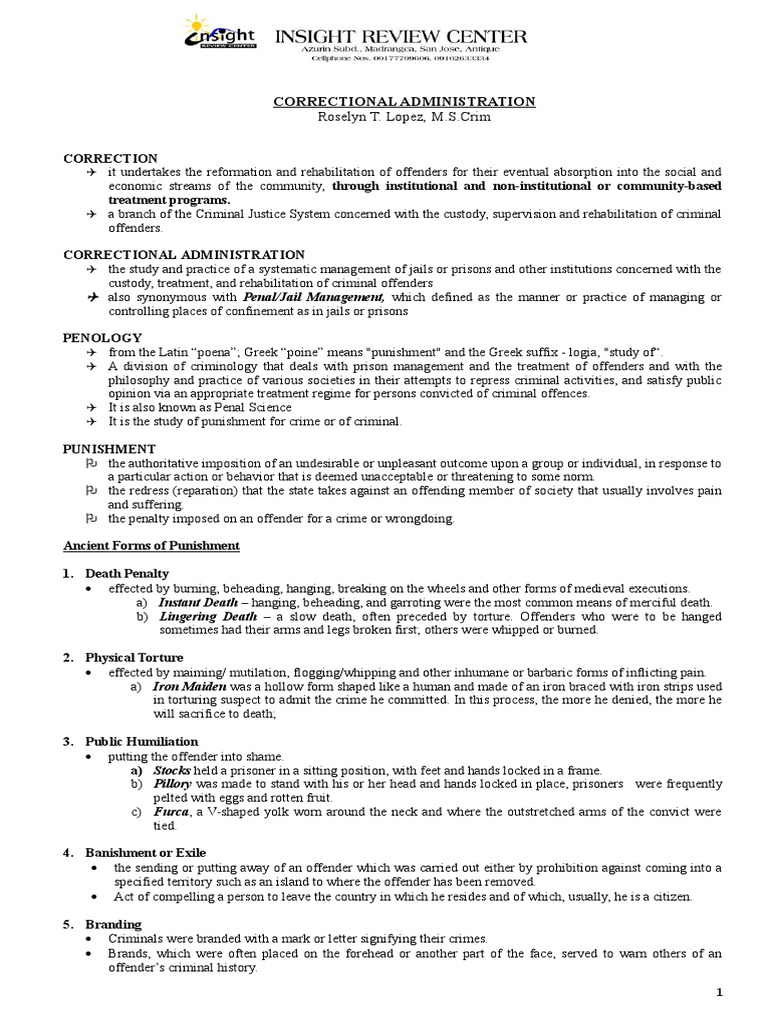 LEC 2016 - Review Notes in Cor Ad 1 & 2 | PDF | Prison | Punishments