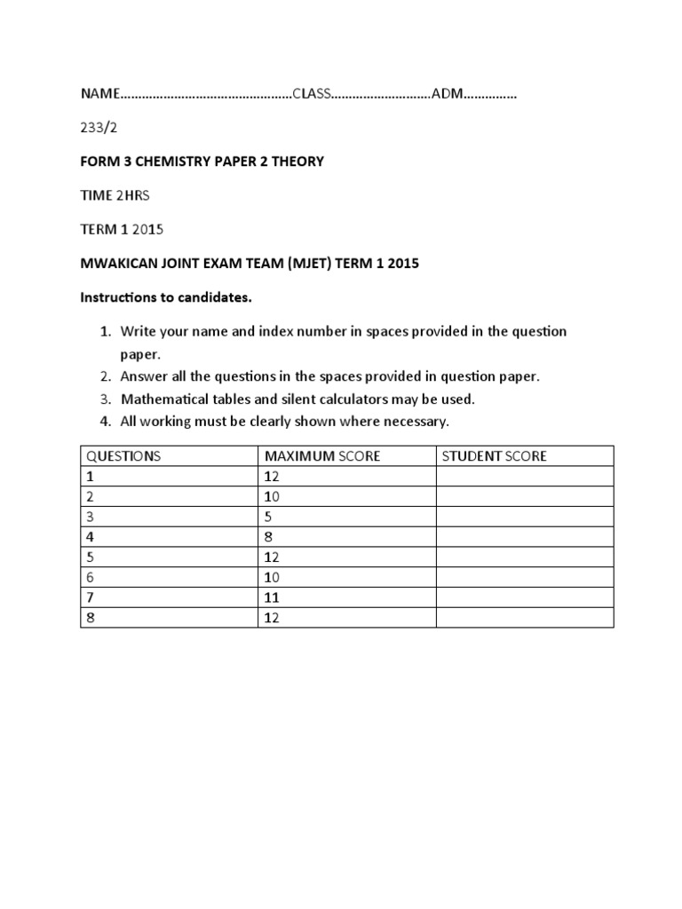 Form 3 Chemistry Paper 2 Theory | PDF | Hydrogen | Ammonia