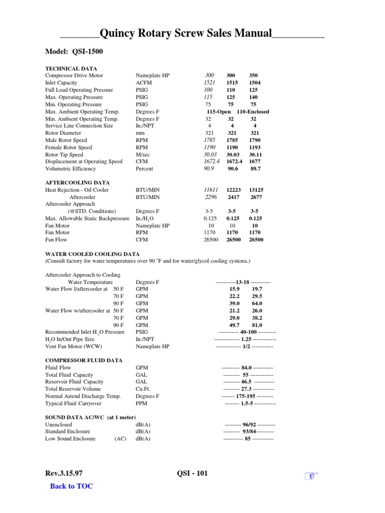 Quincy Rotary Screw Sales Manual: Model: QSI-1500 | PDF | Horsepower ...
