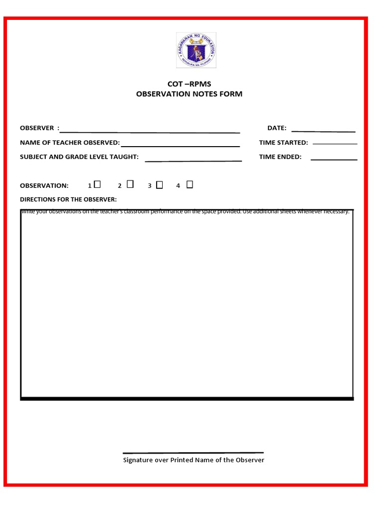 Cot - Rpms Observation Notes Form: Directions For The Observer | PDF ...