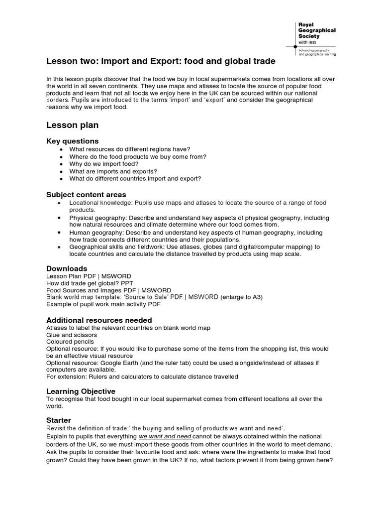Lesson Two: Import and Export: Food and Global Trade: Key Questions ...