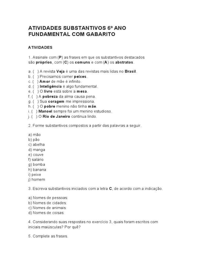 Atividades substantivos 6o ano com gabarito | PDF Atividades substantivos 6o ano com gabarito | PDF
