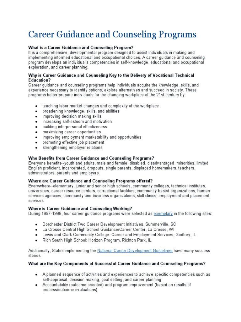 Career Guidance and Counseling Programs | PDF | School Counselor | Expert