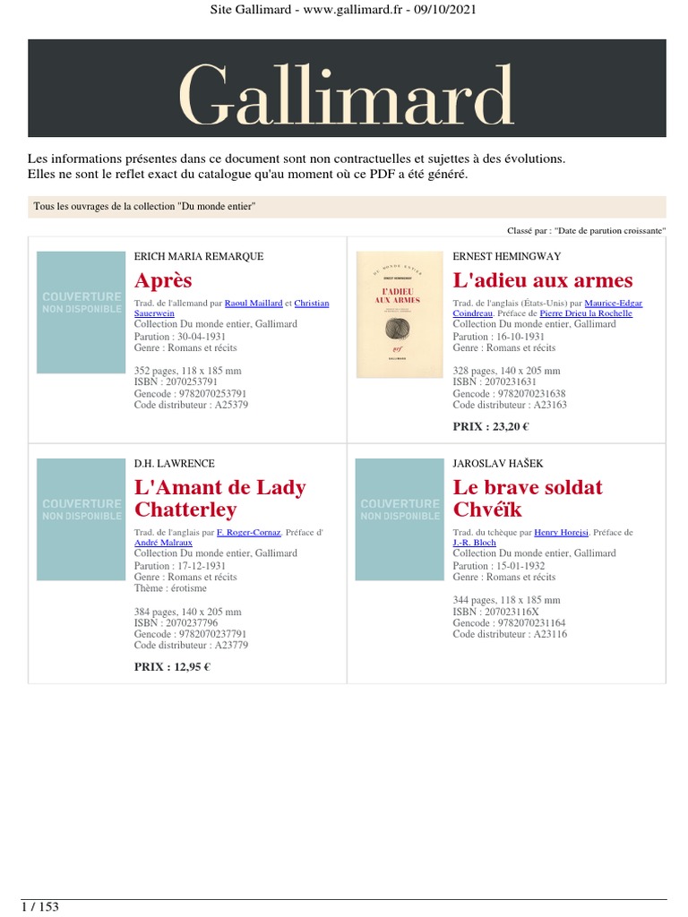 Gallimard, Catálogo, Colección Du-Monde-Entier 1930-1980 | PDF | Romans ...