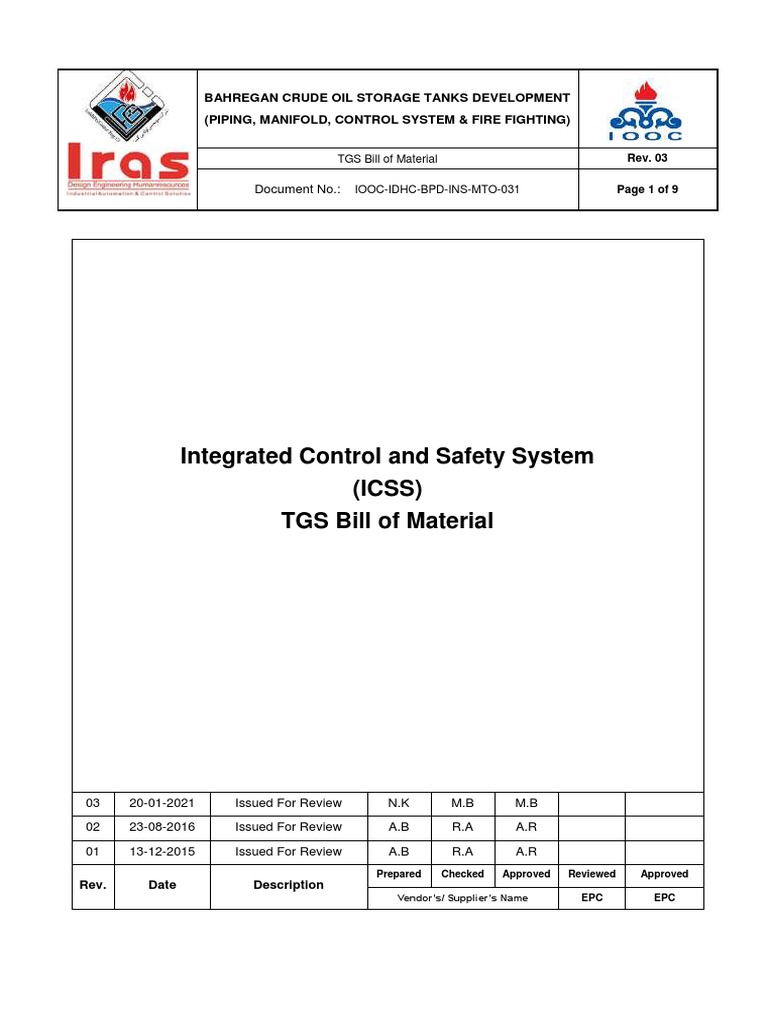 Integrated Control and Safety System (ICSS) TGS Bill of Material | PDF ...