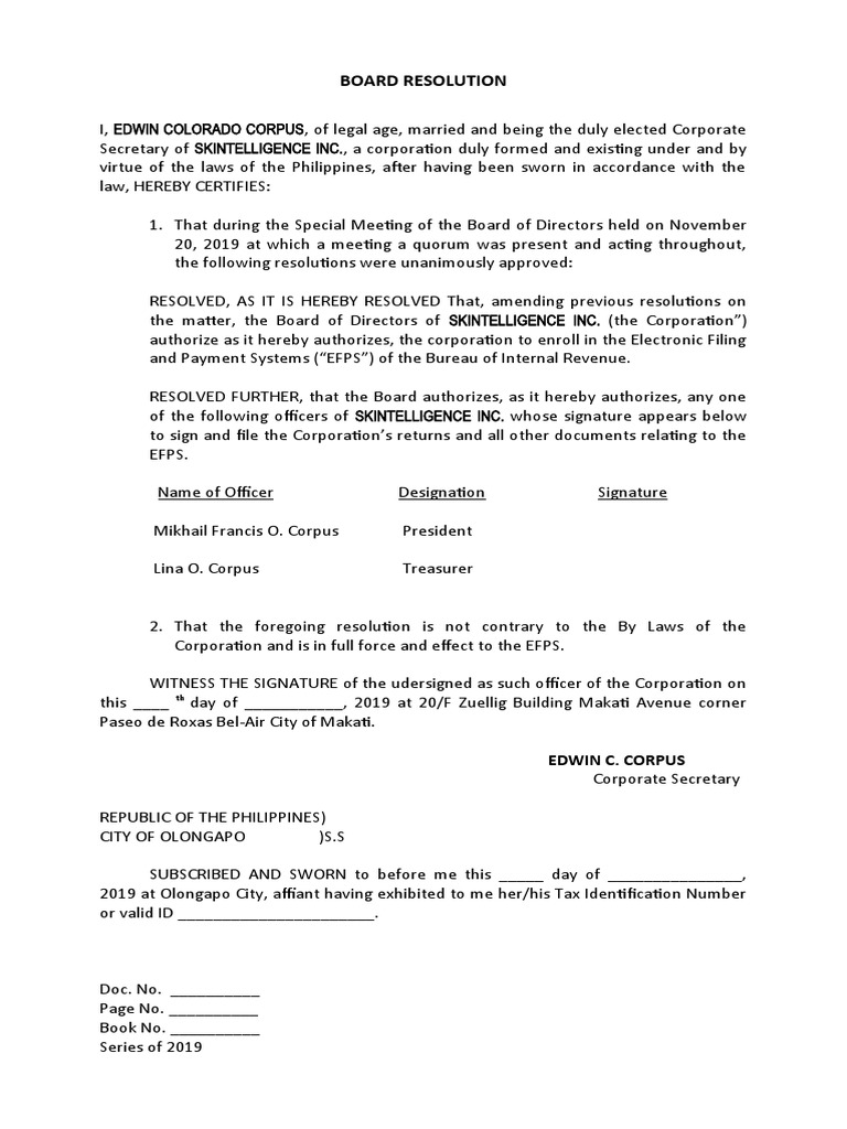 BOARD RESOLUTION Efps | PDF