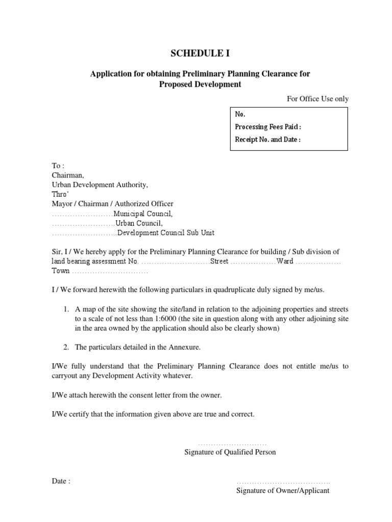 Schedule I: Application For Obtaining Preliminary Planning Clearance ...