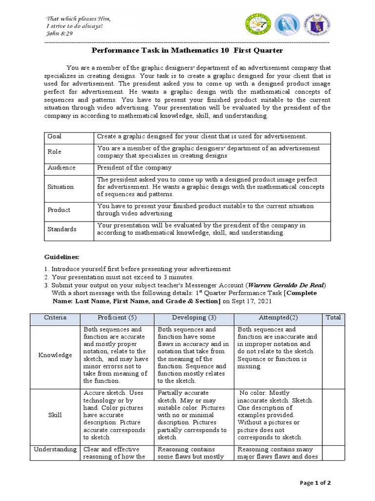 Performance Task in Mathematics 10 First Quarter: Guidelines | PDF ...