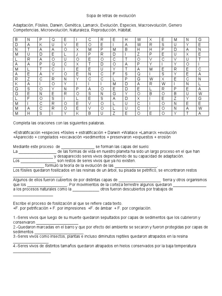 Sopa de letras sobre evolución humana | PDF | Evolución | Biología