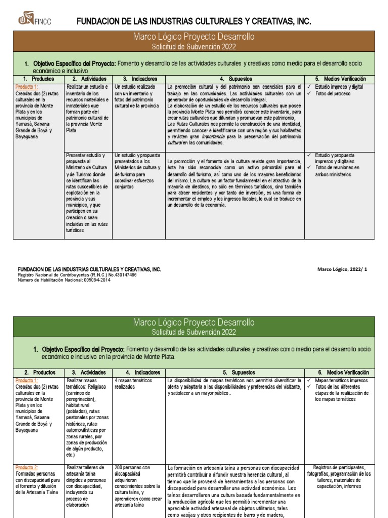 2022 - FINCC - Marco Lógico Proyecto | PDF