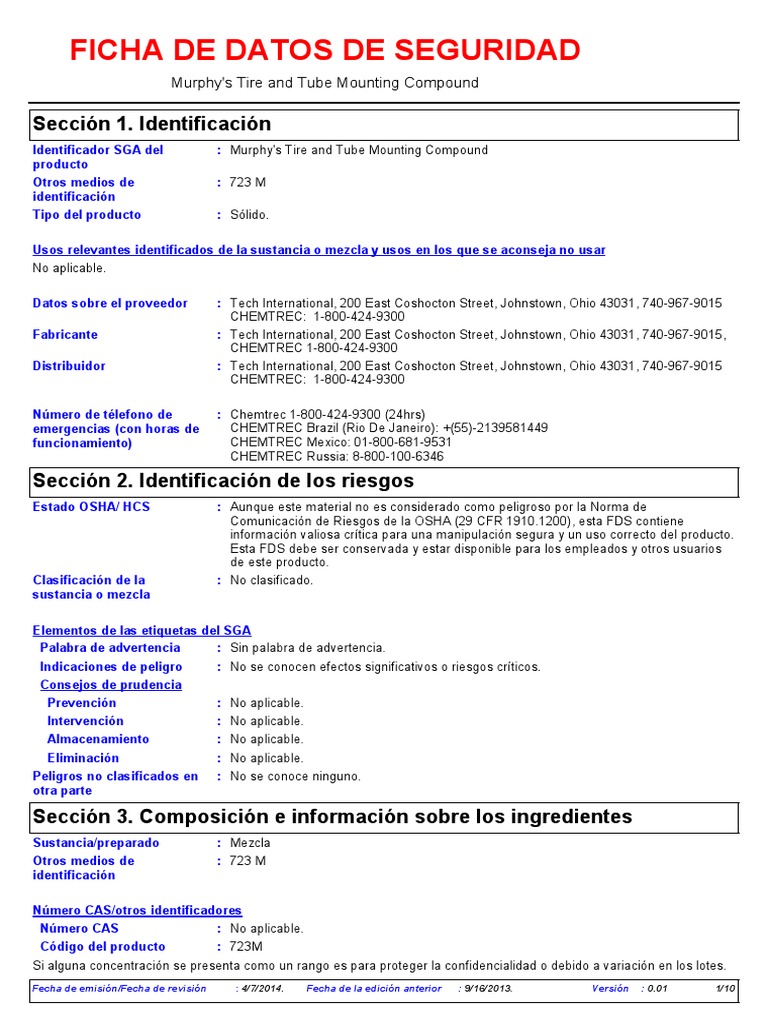 MSDS Tire & Tube Mounting Compound Tech 723M | PDF | Reciclaje | Residuos