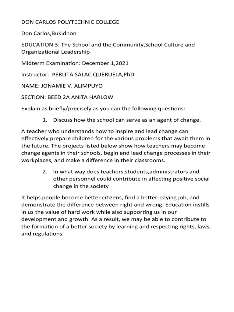 Don Carlos Polytechnic Colleg2222 | PDF | Teachers | Leadership