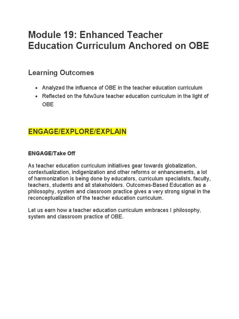 Enhanced Teacher Education Curriculum Anchored On OBE | PDF | Teachers ...