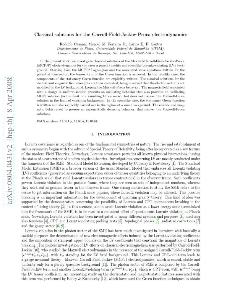 Classical Solutions For The Carroll-Field-Jackiw-Proca Electrodynamics | PDF | Applied And ...