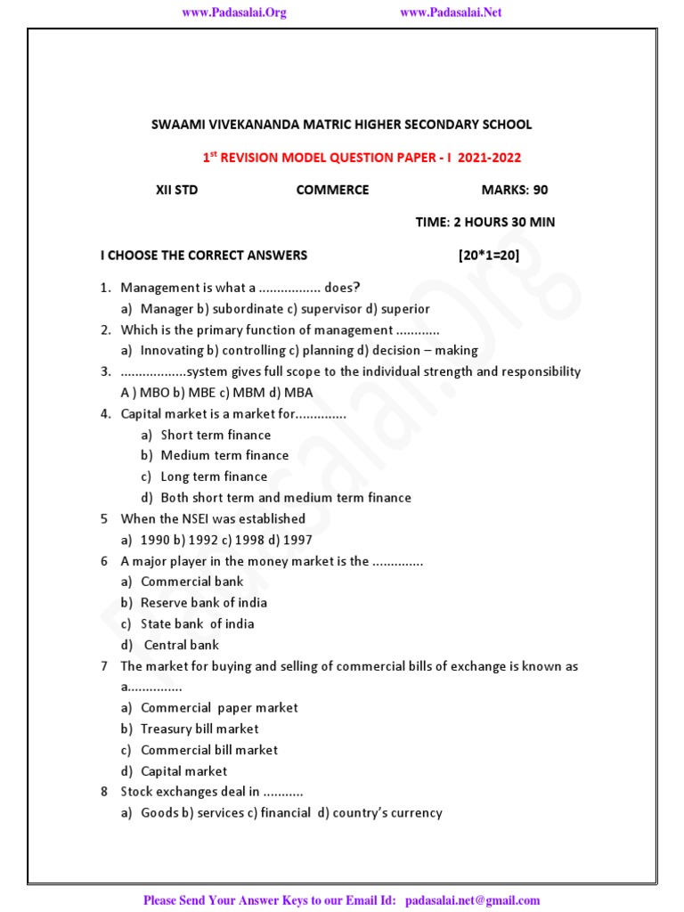 12th Commerce - 1st Revision Question Paper - English Medium PDF ...