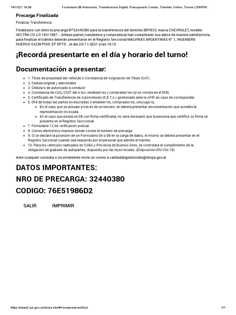 Formulario 08 Automotor, Transferencia Digital, Presupuesto Costos ...