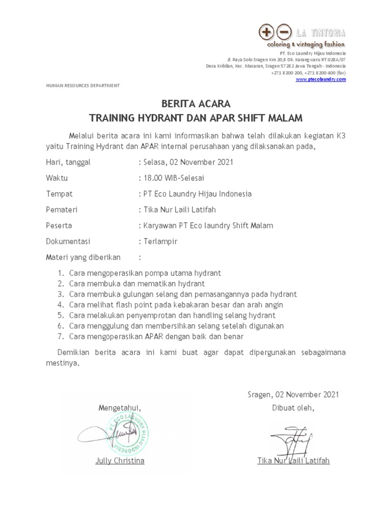 Berita Acara Training Hydrant 2019 | PDF