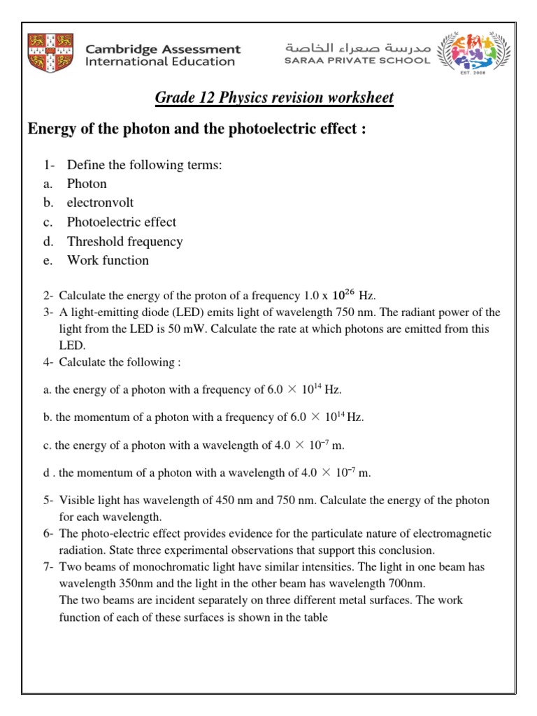 Grade 12 Physics: Photon Energy & Photoelectric Effect | PDF ...
