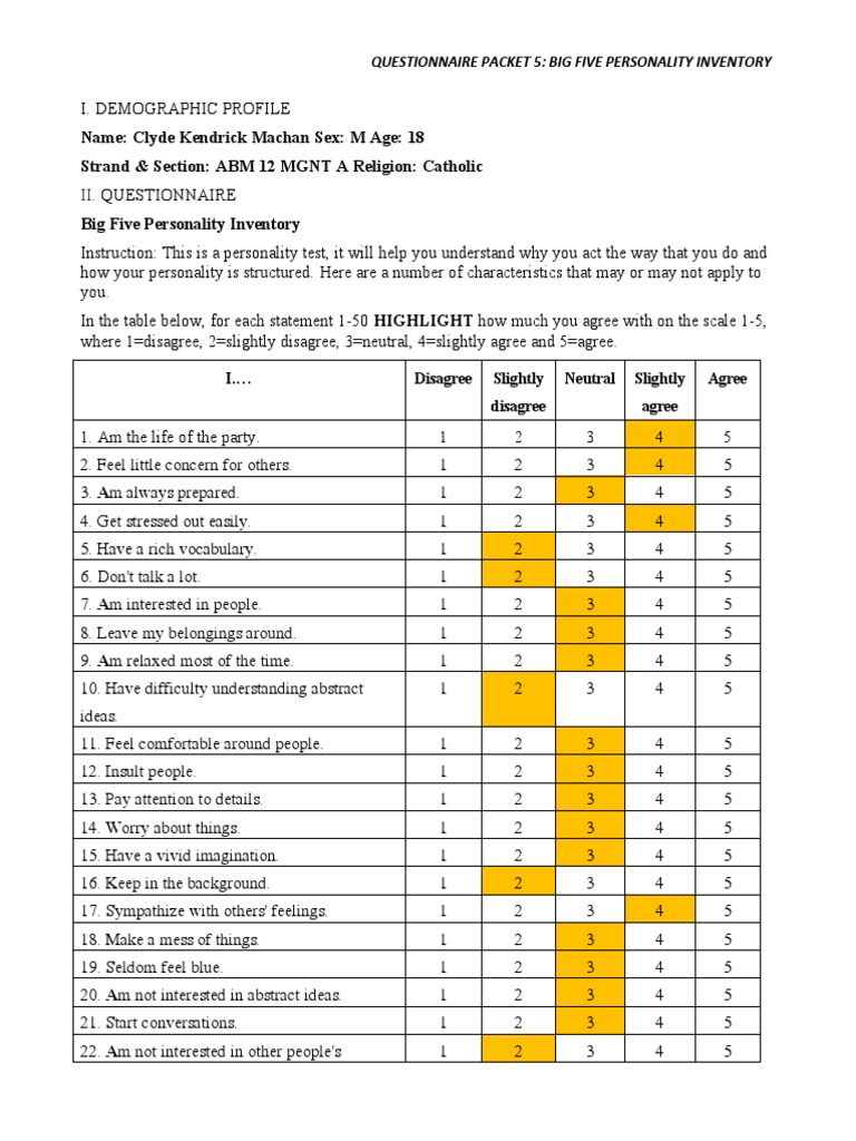 PERDEV Big Five Personality Inventory Response | PDF | Behavioural Sciences | Cognition