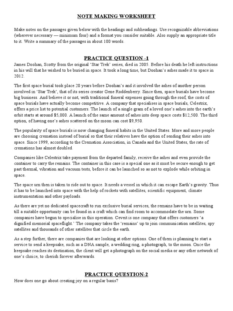 Note Making Worksheet | PDF | Cremation | Satellite