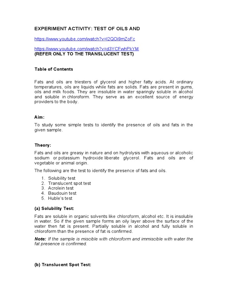 Translucent Test for Fats and Oils | PDF | Fat | Saturated Fat