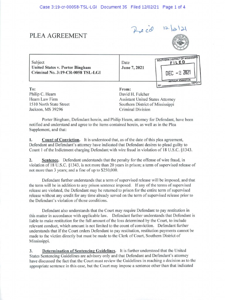 Porter Bingham Guilty Plea | PDF