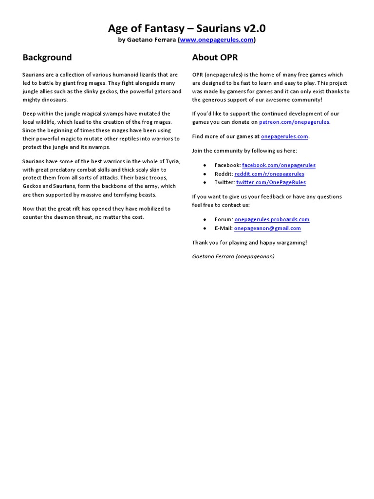 Age of Fantasy - Saurians v2.0: Background About OPR | PDF | Lizard