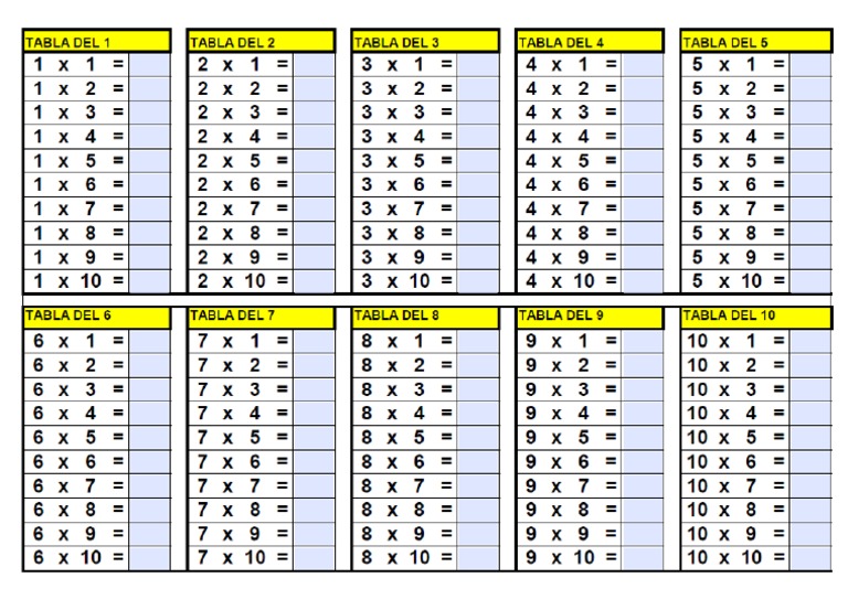 Tabla de Multiplicar - para Completar | PDF