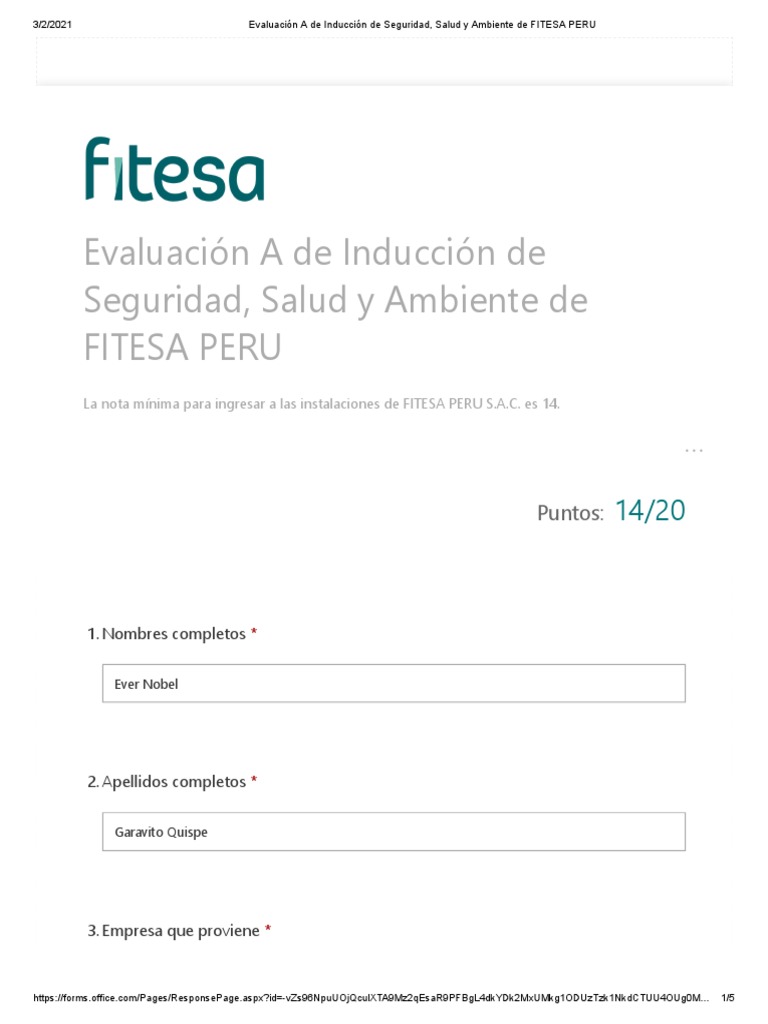 Evaluación A de Inducción de Seguridad, Salud y Ambiente de FITESA PERU ...