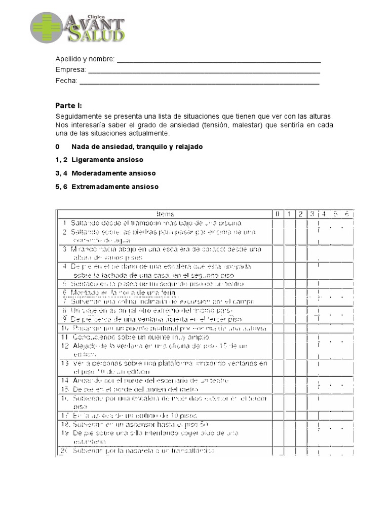 Test Fobia A Altura (Aq Cuestionario de Acrofobia) | PDF