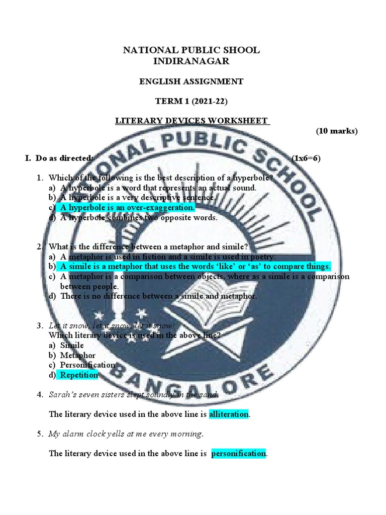 Literary Devices Worksheet for Grade 11 | PDF | Poetry | Poetic Devices