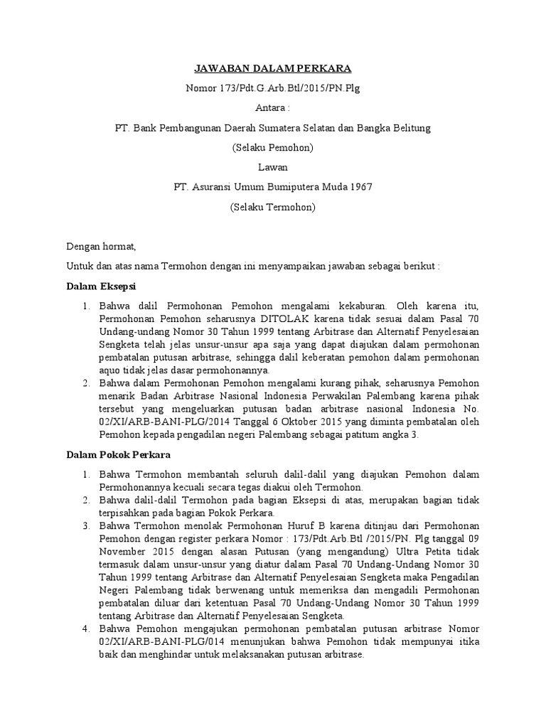 Jawaban Termohon atas Permohonan Pembatalan Putusan Arbitrase oleh ...