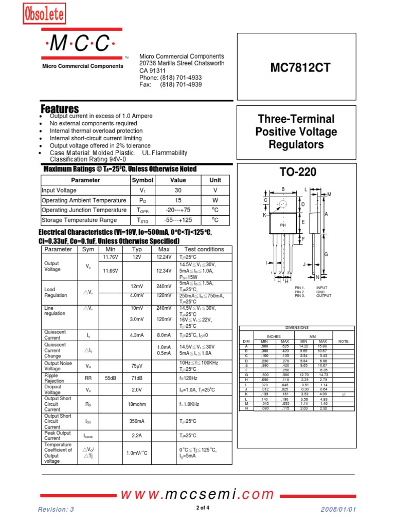 7812CT MCC | Download Free PDF | Power Supply | Physical Quantities
