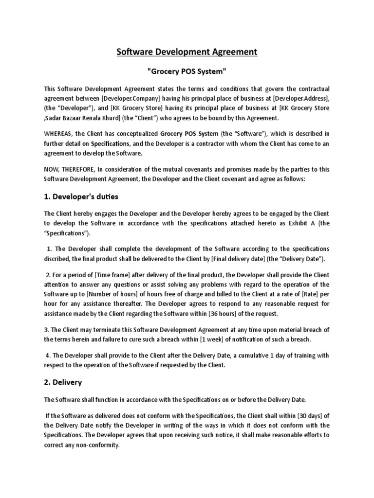Software Development Agreement: "Grocery POS System" | PDF | Breach Of Contract | Indemnity