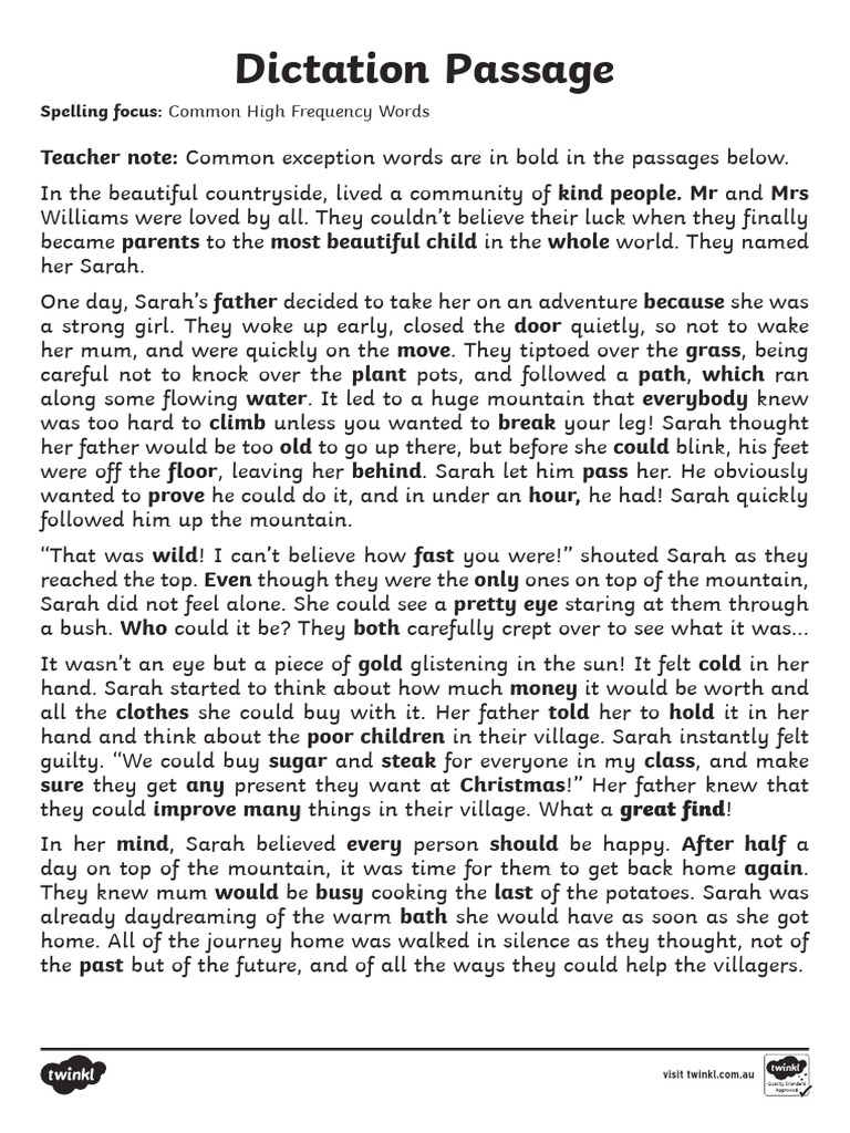 Au L 53217 Dictation Passage Common High Frequency Words Guide - Ver ...