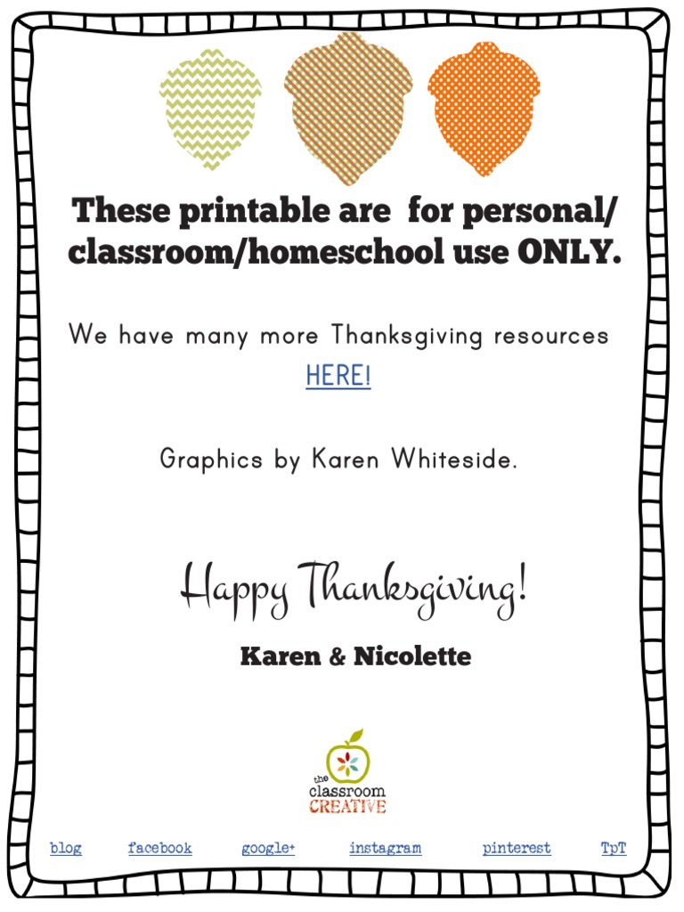 Happy Thanksgiving!: These Printable Are For Personal/ Classroom ...