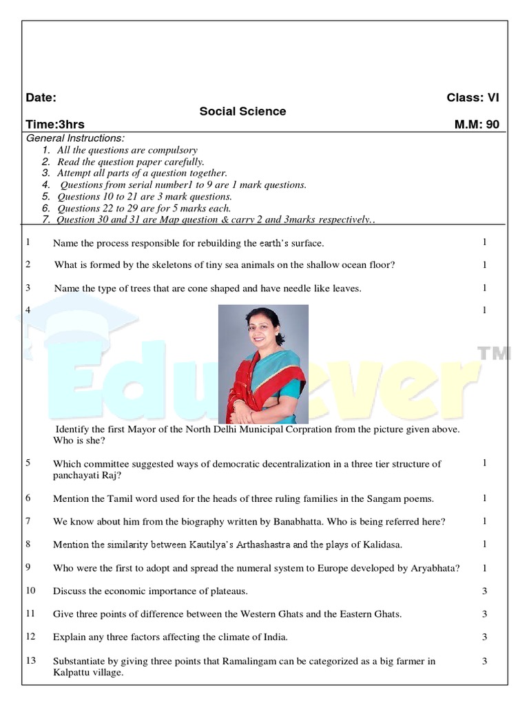 Social Science Class 6 Sample Paper 1 | PDF