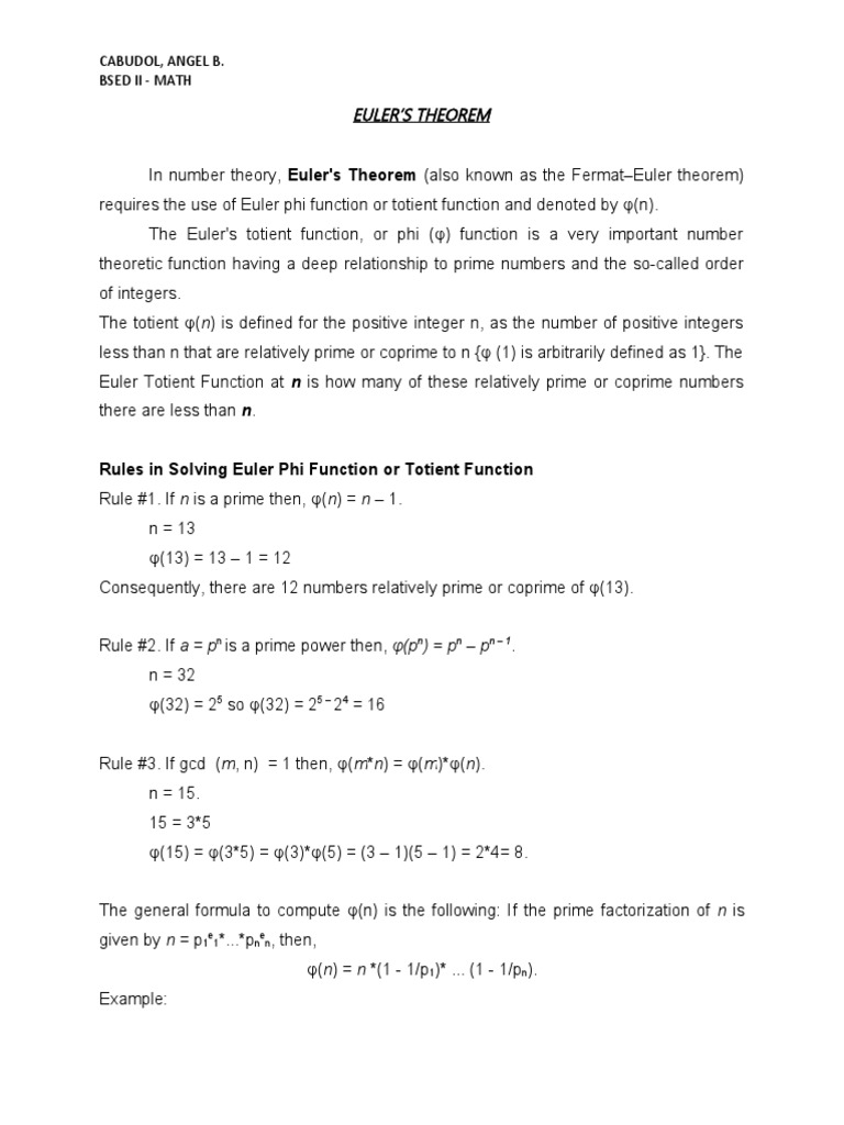 An In Depth Exploration Of Eulers Theorem And Applications Of The