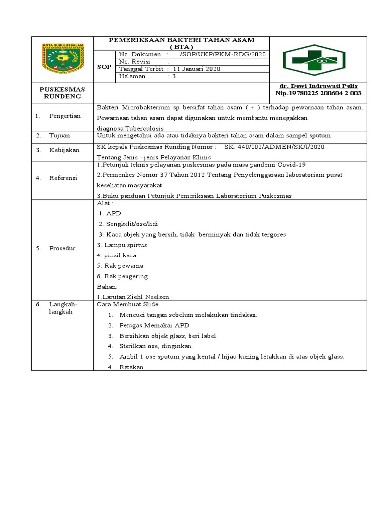 Sop Pemeriksaan Bta Revisi Pdf