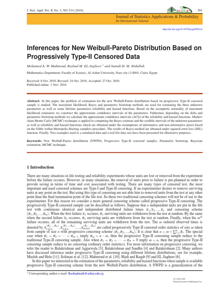 Inferences For New Weibull-Pareto Distribution Based On Progressively Type-II Censored Data ...