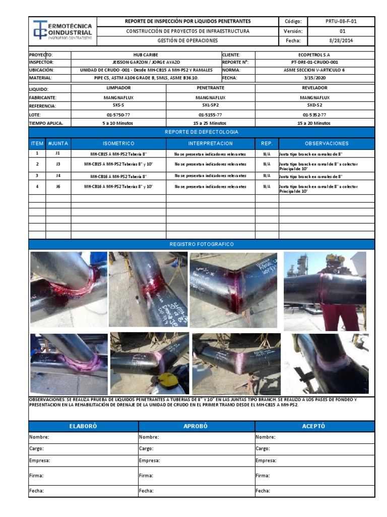 Liquid Penetrant Inspection Report for Crude Oil Pipeline ...