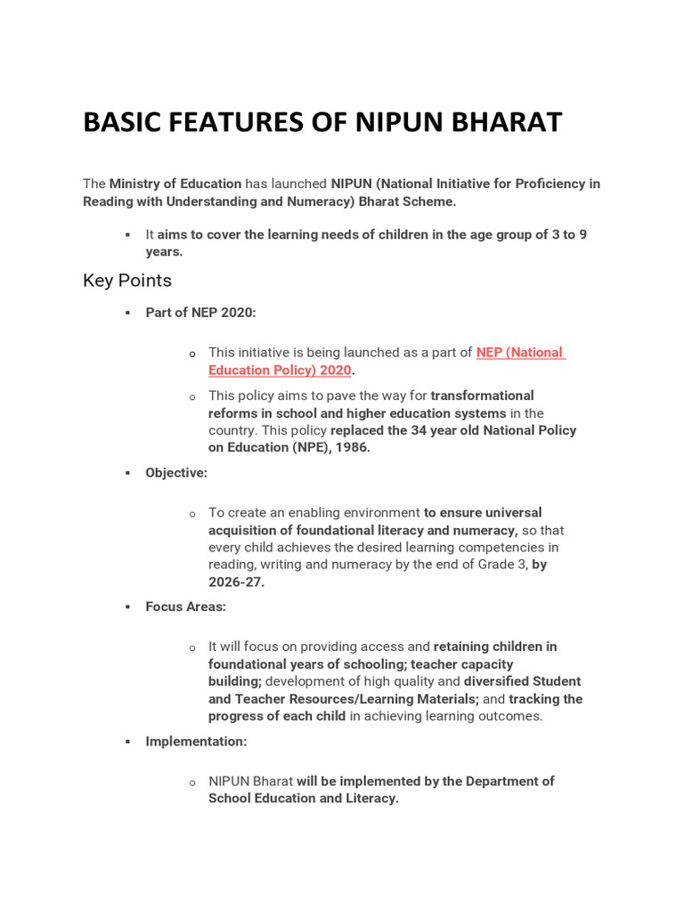 Basic Features of Nipun Bharat: Key Points | PDF | Teachers | Teaching